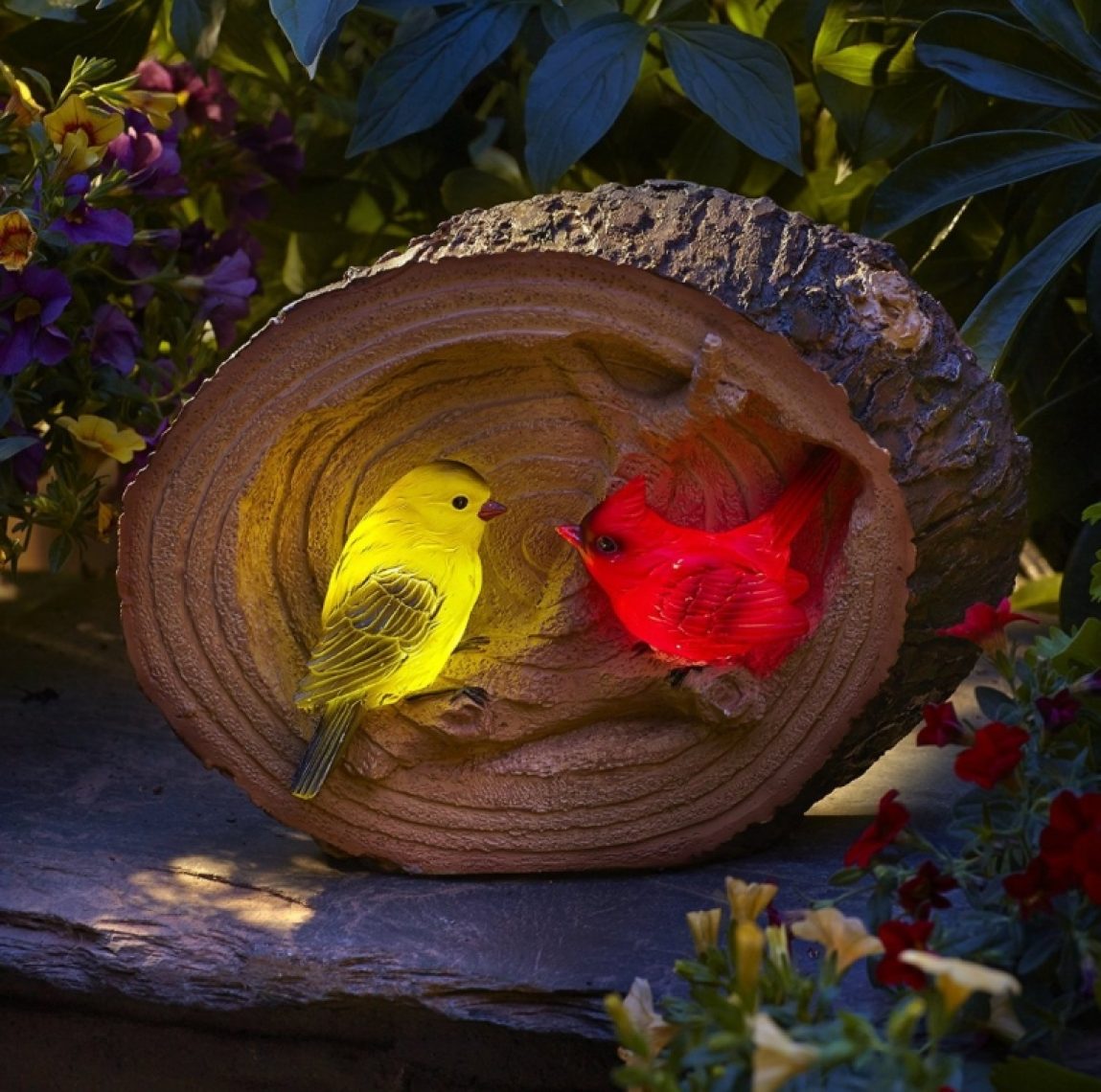 Solar Powered Birds in A Log White LED Light | Fresh Garden Decor